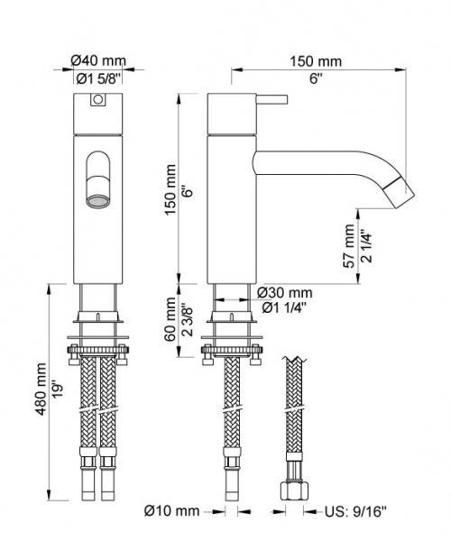 Vola HV1+30/150 håndvaskarmatur - Messing natur - VVS nr.: HV1+30/150-19