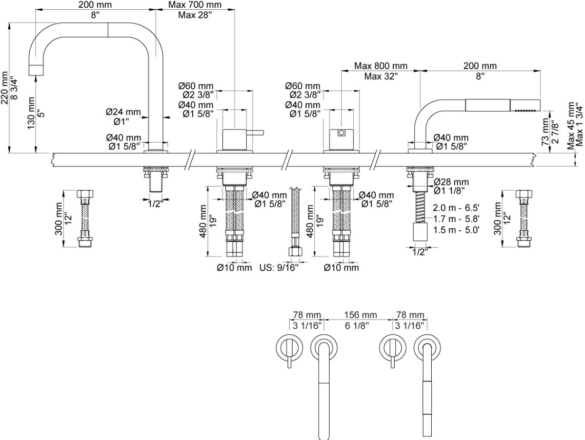 Vola SC10 Kararmatur m/svingbar tud - Rustfrit stål - VVS nr.: 715259040
