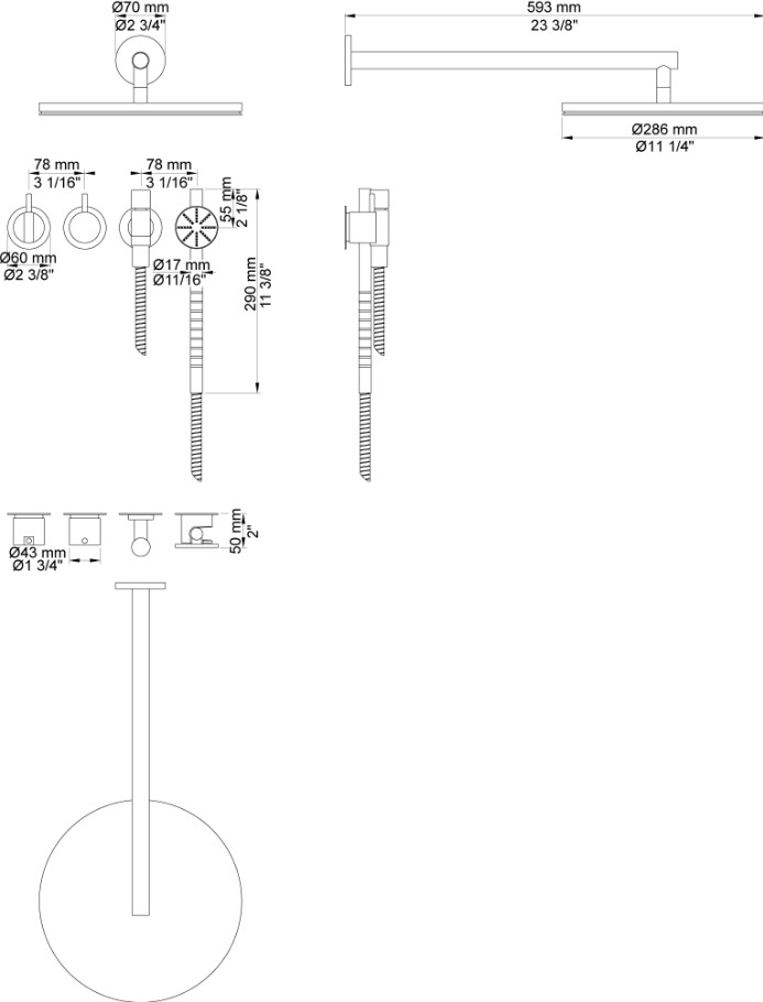 Vola 2471S-061 Komplet brusesystem m/omskifter - Messing - VVS nr.: 2471S-061-19